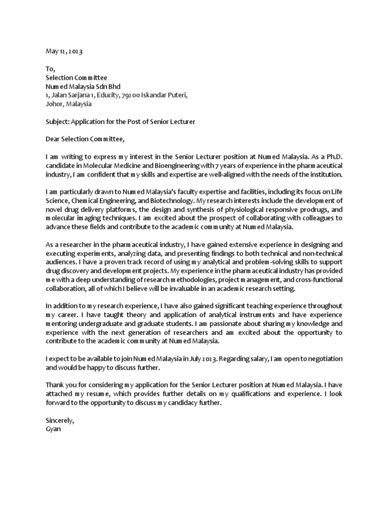 Numed Malaysia-Cover Letter | PDF | Career & Growth | Self-Improvement