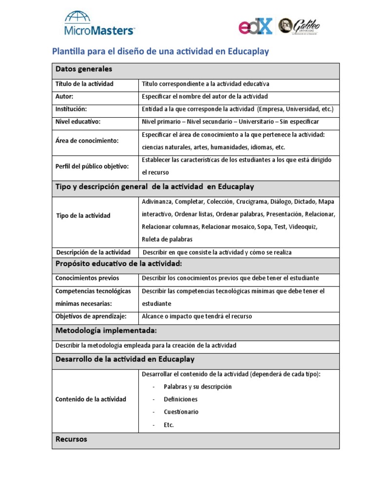 Plantilla para El Diseno Una Actividad en Educaplay | Descargar gratis PDF | Evaluación | Diseño