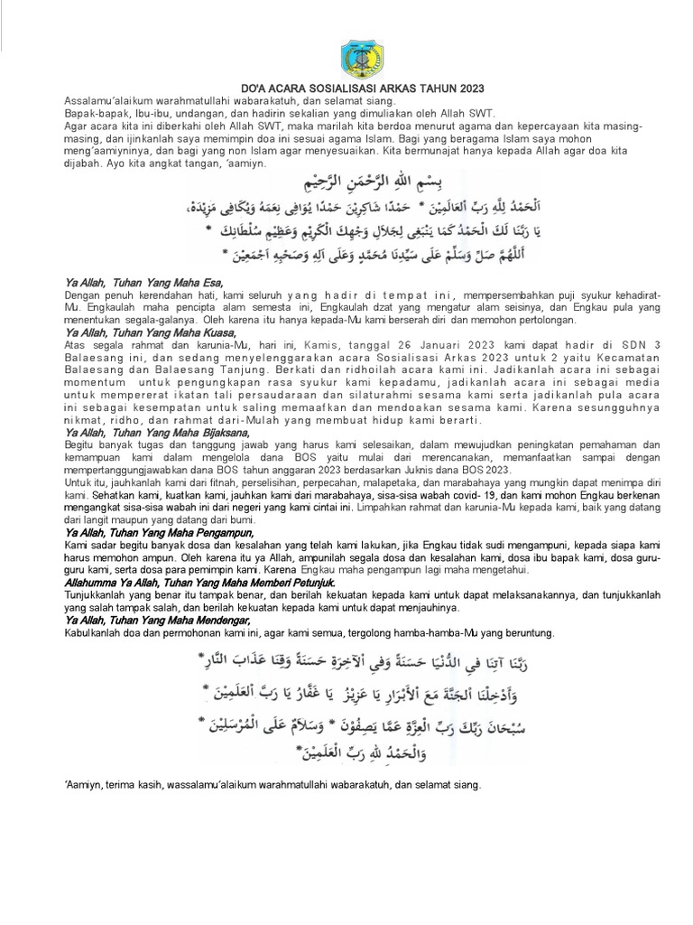 Doa Acara Koncab PGRI Kec. Balaesang Tahun 2023 | PDF | Agama & Spiritualitas