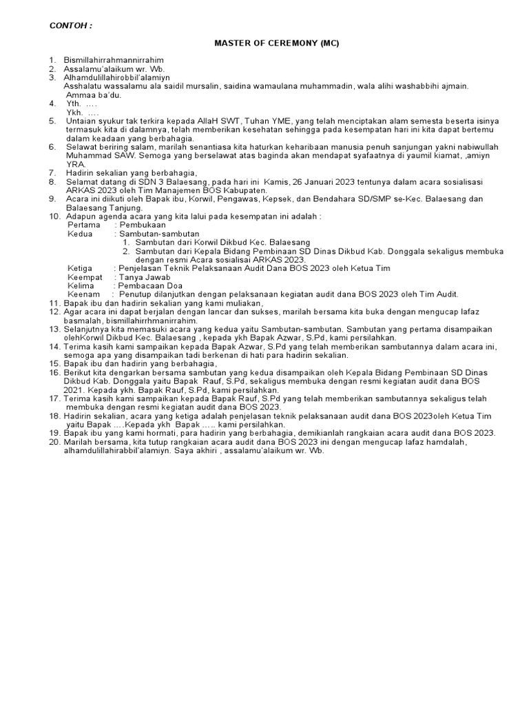 Doa dan MC Kegiatan Audit dana BOS 2021 | PDF