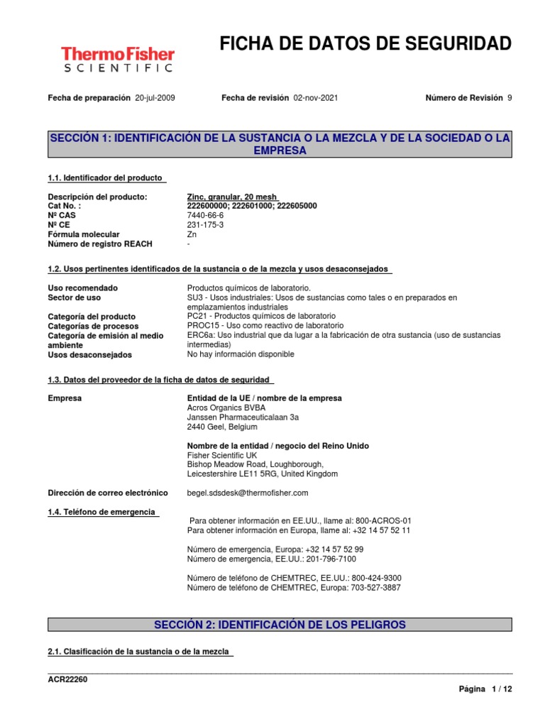 Ficha de Seguridad del Zinc Granular 20 Mesh | PDF | Agua | Residuos
