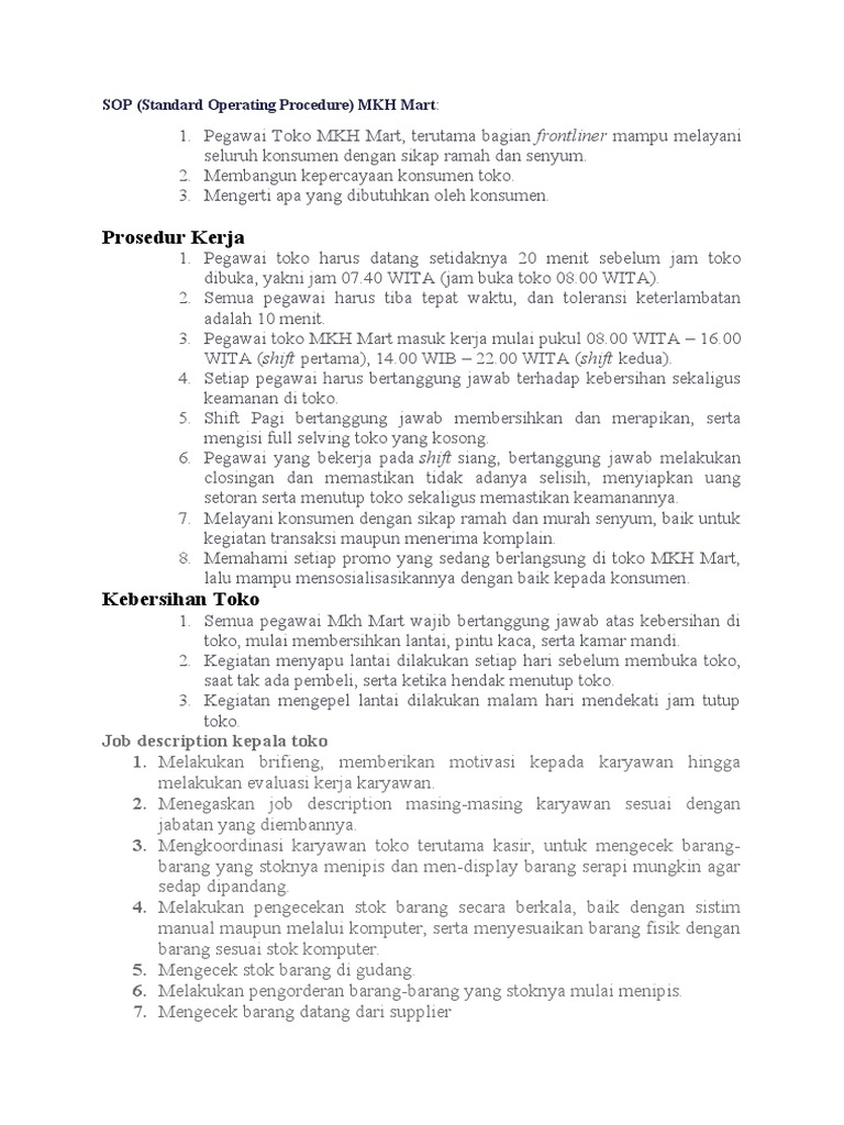 Prosedur Kerja: SOP (Standard Operating Procedure) MKH Mart | PDF