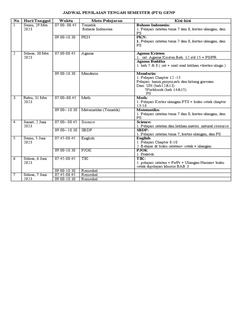Jadwal PTS Genap 2023 | PDF