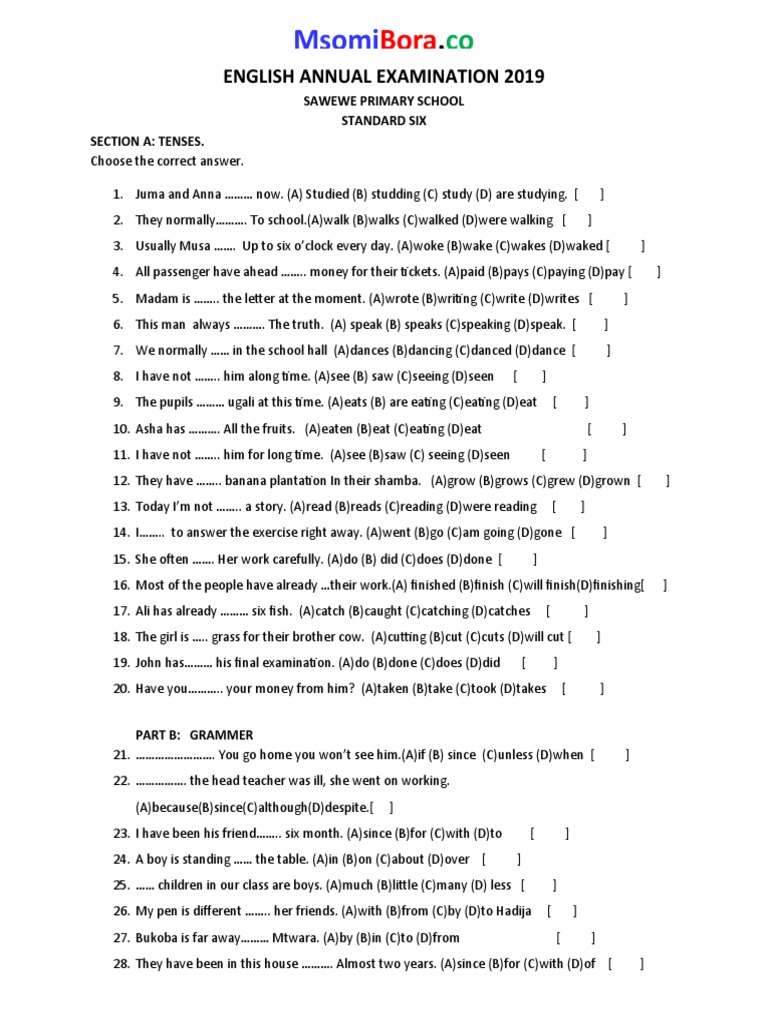 Standard Six English Exam 2019 | PDF