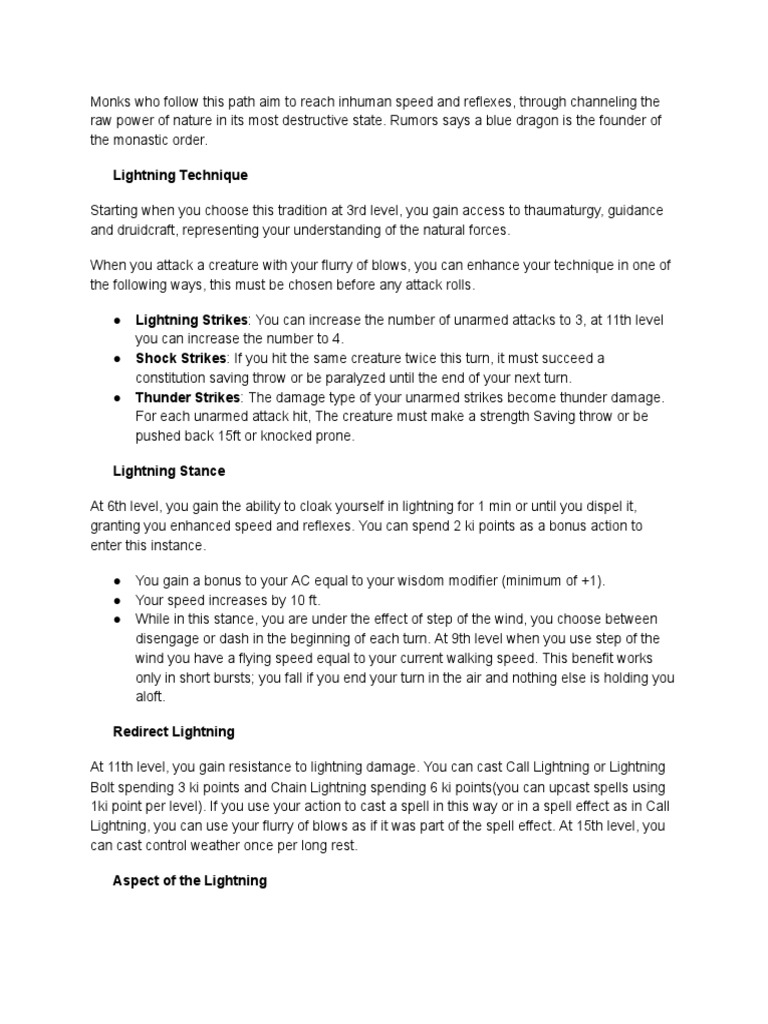 Monk Homebrew Way of The Lightning Storm | PDF | Lightning