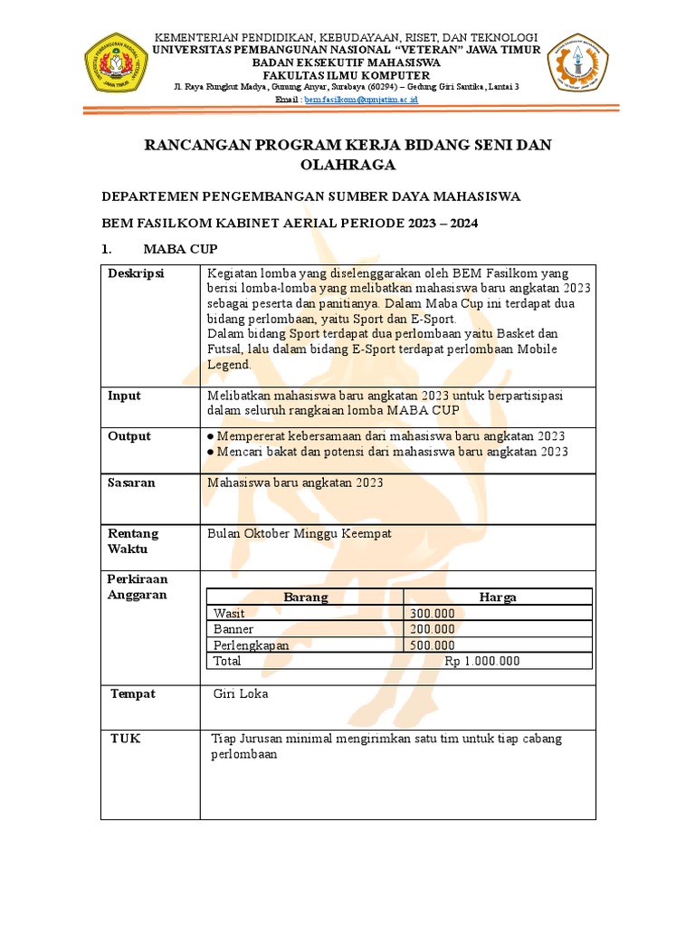 Rancangan Proker Bidang Senor | PDF