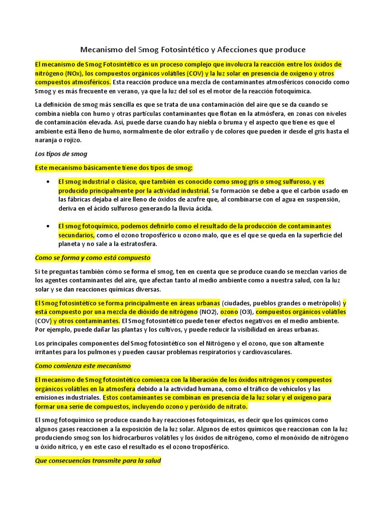 Mecanismo Del Smog Fotosintético y Afecciones Que Produce | PDF ...