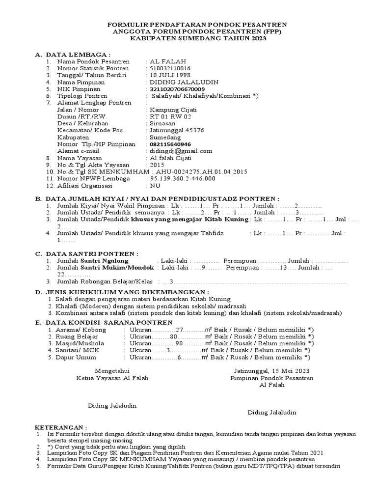 Form Data Ponpes FPP 2023 | PDF