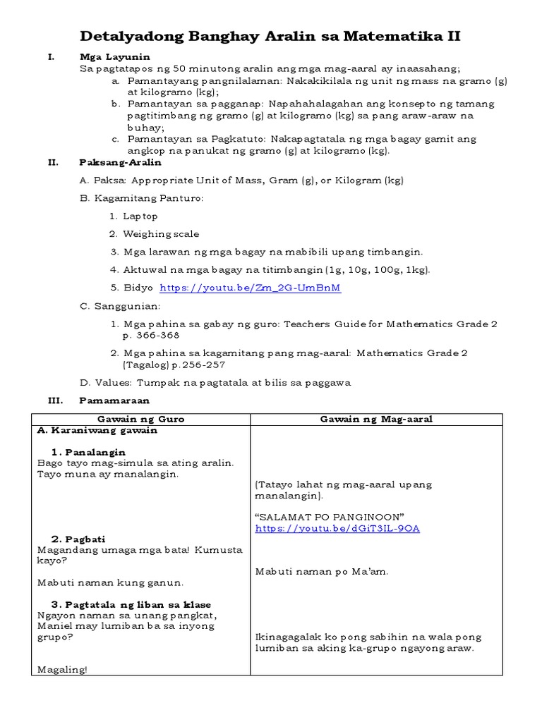 Detailed Lesson Plan in Mathematics 2 Gram and Kilogram | PDF