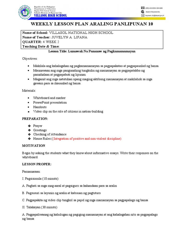 QUARTER 4 WEEKLY LESSON PLAN WEEK 2 Araling Panlipunan 10 | PDF