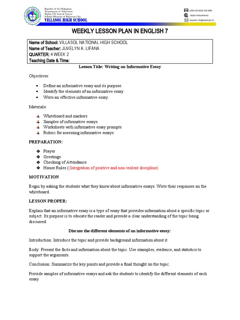 Quarter 4 Weekly Lesson Plan Week 2 | PDF | Essays | Lesson Plan