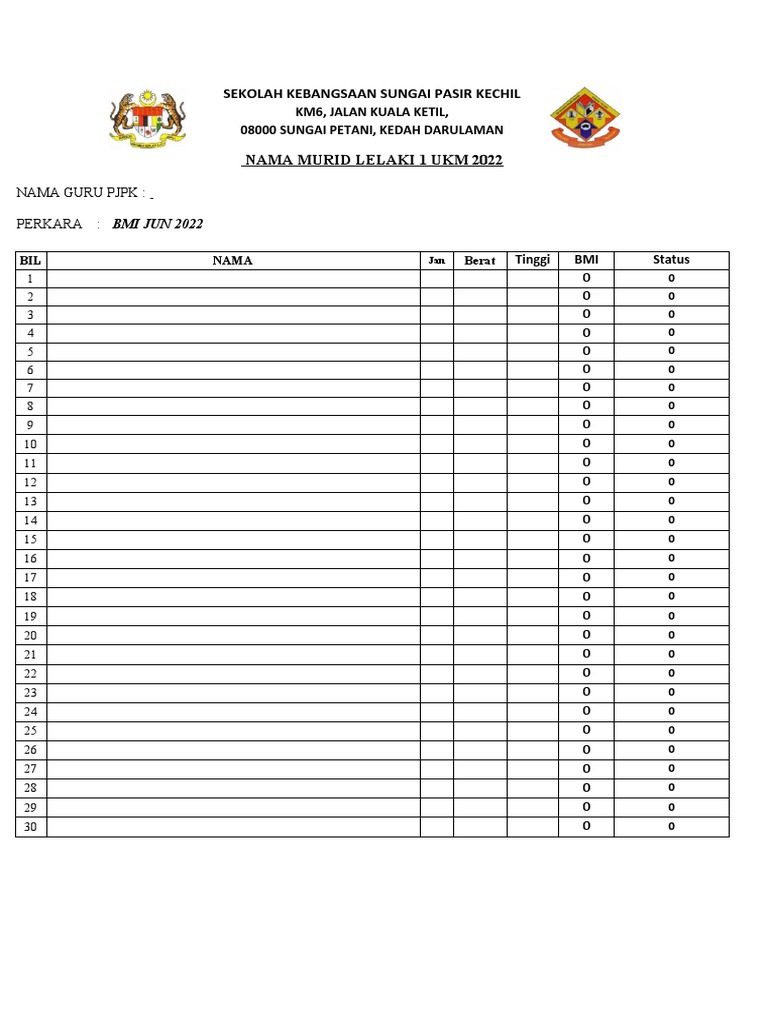 BMI Murid PJPK Tahun 1 CONTOH TAPAK | PDF