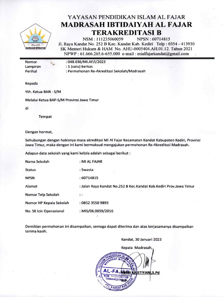 Surat Permohonan Re-Akreditasi Mi Al Fajar Kandat | PDF