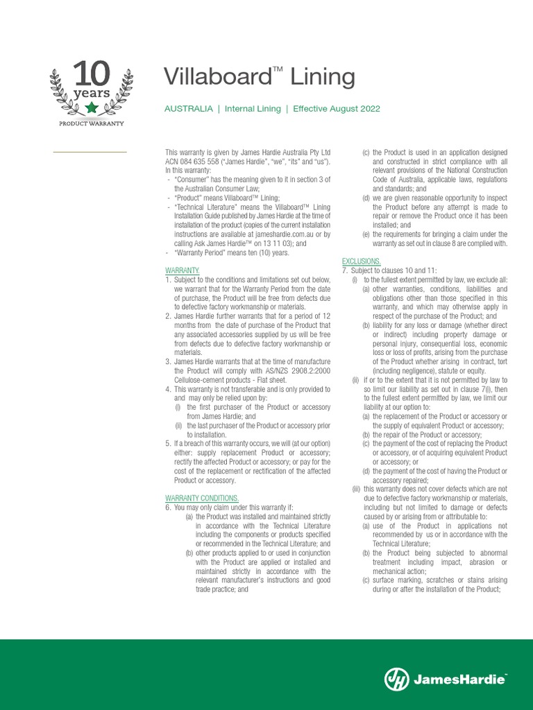Villaboard Lining Warranty Aug22 | PDF | Tort | Legal Liability