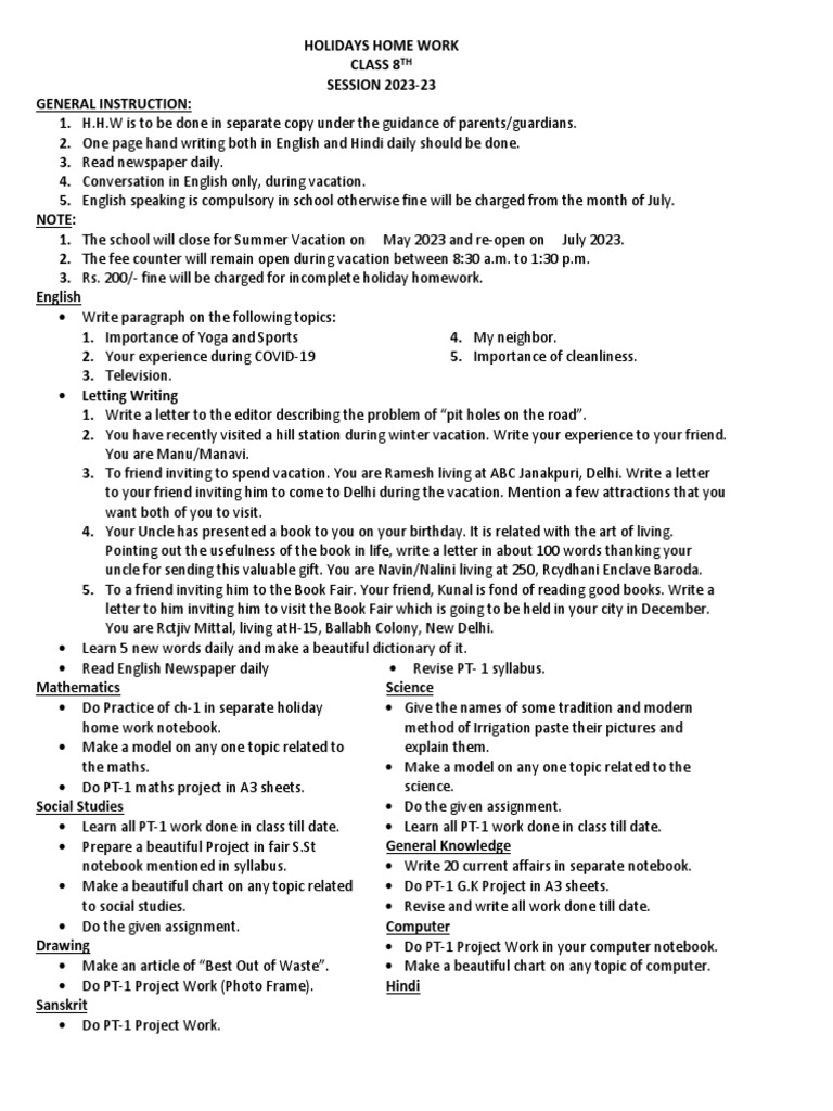 Class 8 Summer Vacation Homework Guide | PDF | Art
