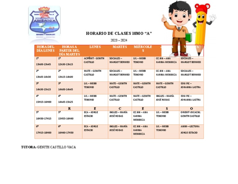 Horario de Clases 10mo A | PDF