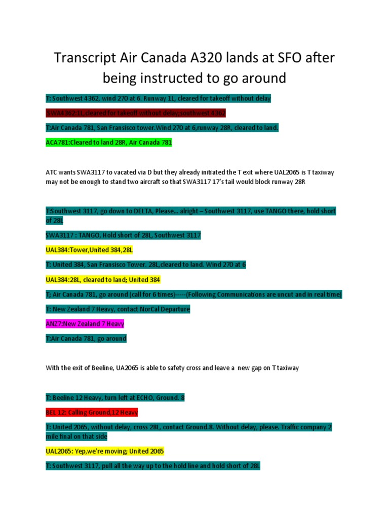 Transcript Air Canada A320 lands at SFO after being instructed to go ...