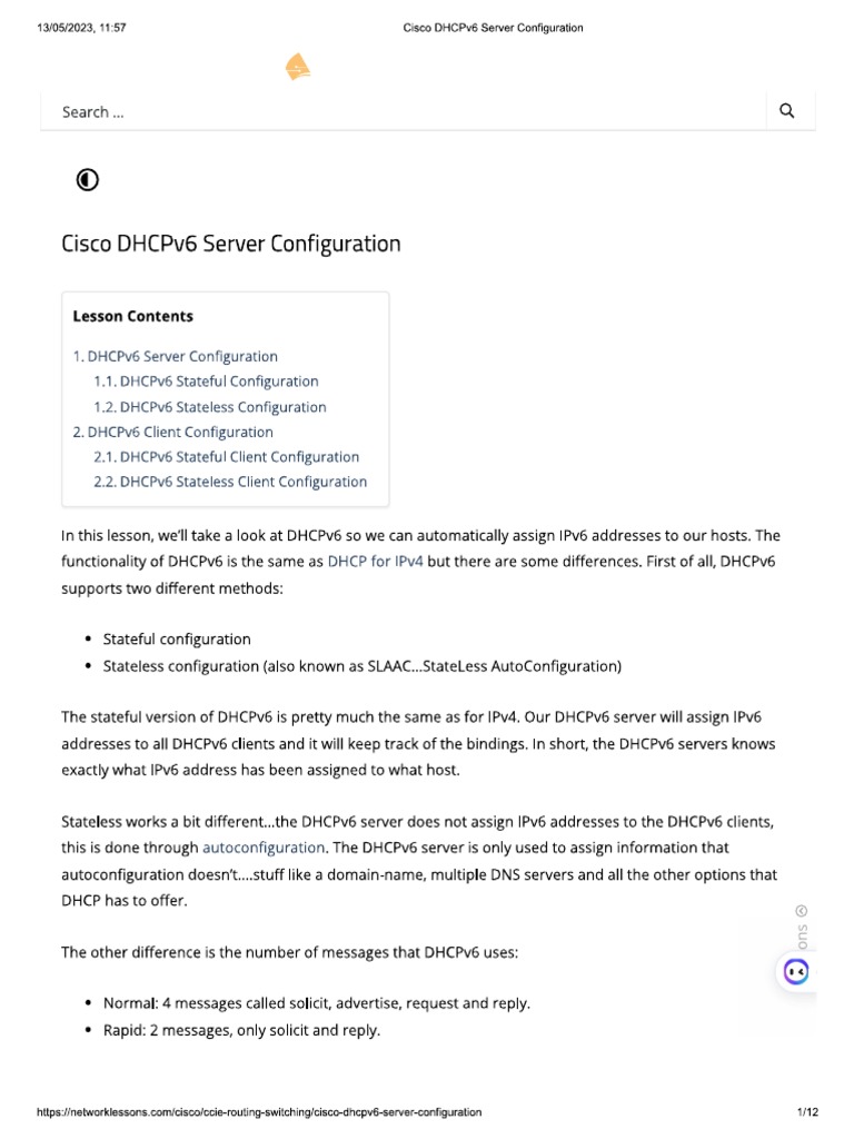 Cisco DHCPv6 Server Configuration | PDF