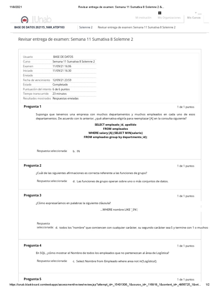 Revisar Entrega de Examen - Semana 11 Sumativa 8 Solemne 2 - .. | PDF | SQL | Bases de datos