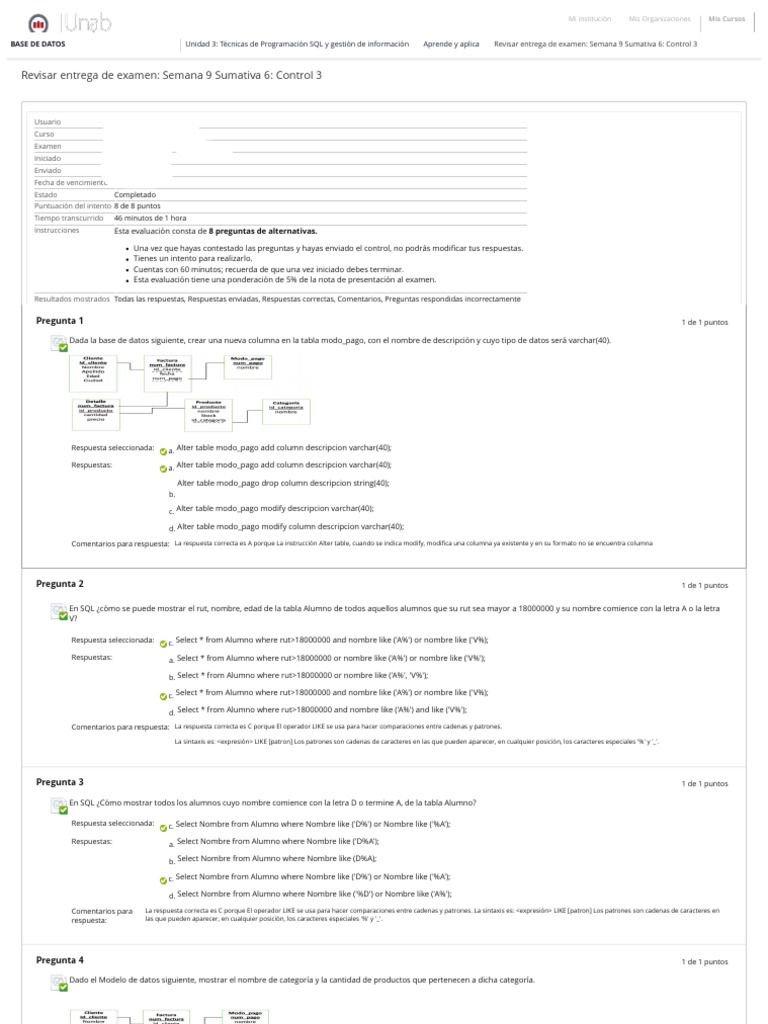 Revisar Entrega de Examen - Semana 9 Sumativa 6 - Control 3 & | PDF | SQL | Informática