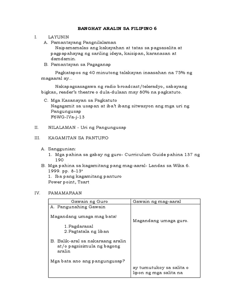 Banghay Aralin Sa Filipino 6 | PDF