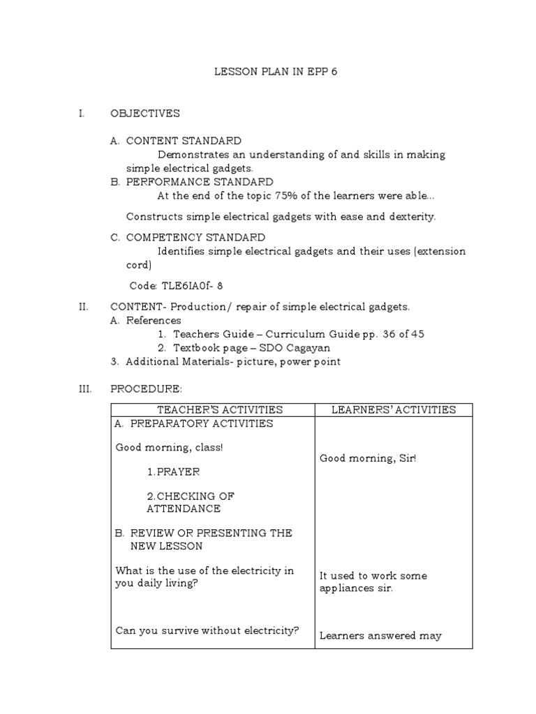 Lesson Plan in Epp 6 | PDF | Lesson Plan | Ac Power Plugs And Sockets