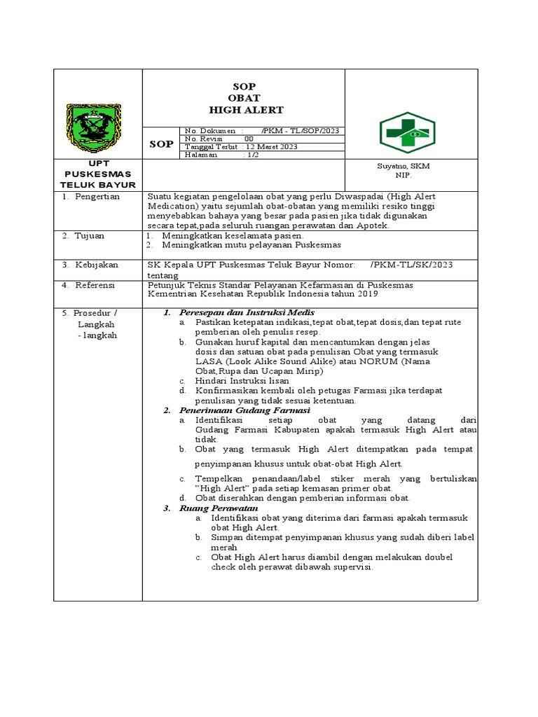 SOP Pengelolaan Obat High Alert Puskesmas | PDF | Kesehatan Holistik ...
