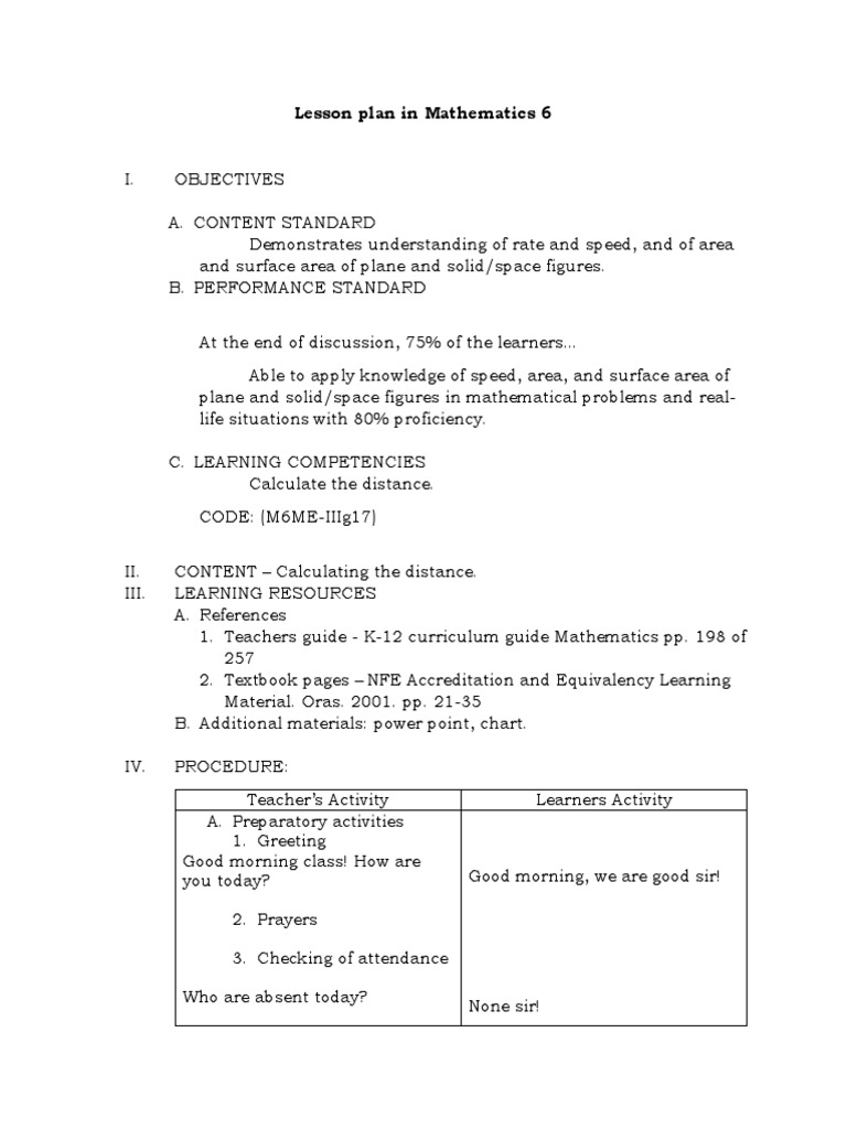 Lesson Plan in Math 6 | PDF | Speed | Mathematics