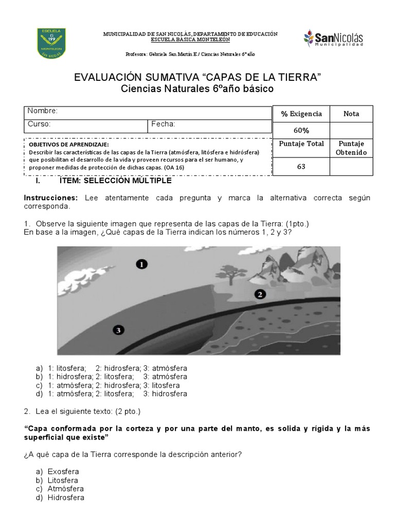 Evaluacion Capas de La Tierra | Descargar gratis PDF | Tierra | Atmósfera de tierra