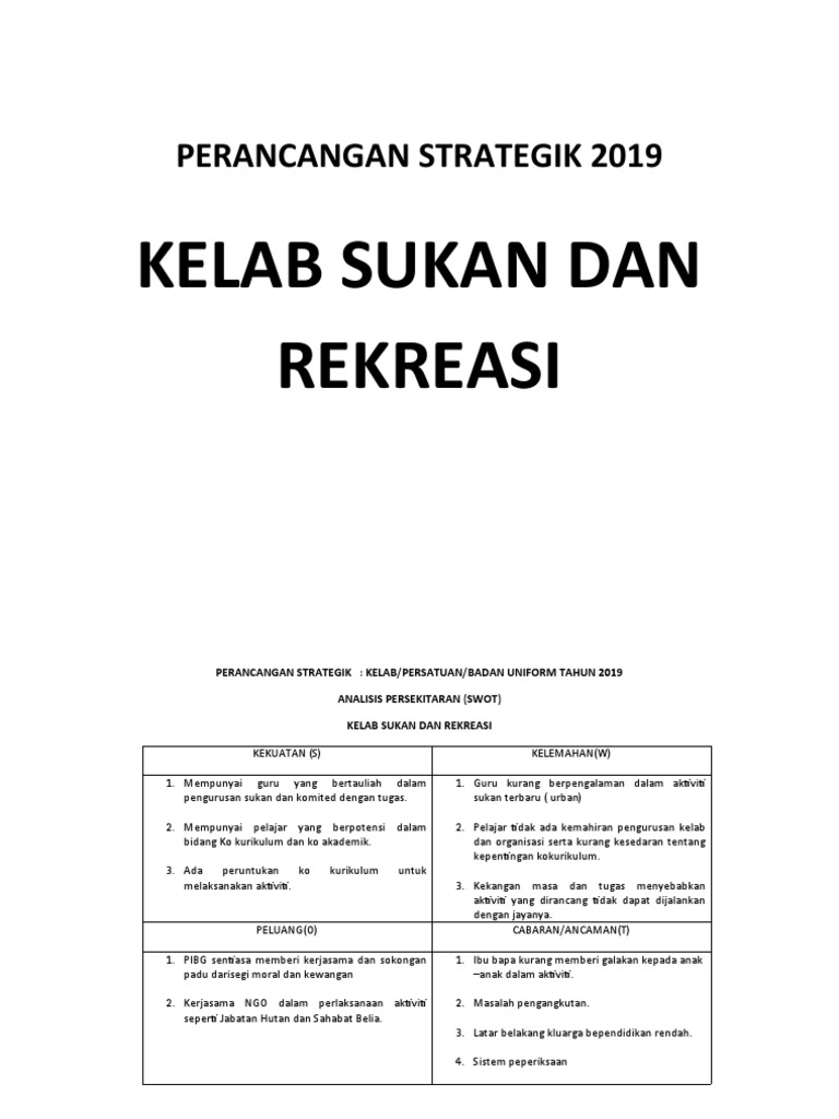 Perancangan Strategik Sukan Dan Rekreasi 2019 Pdf