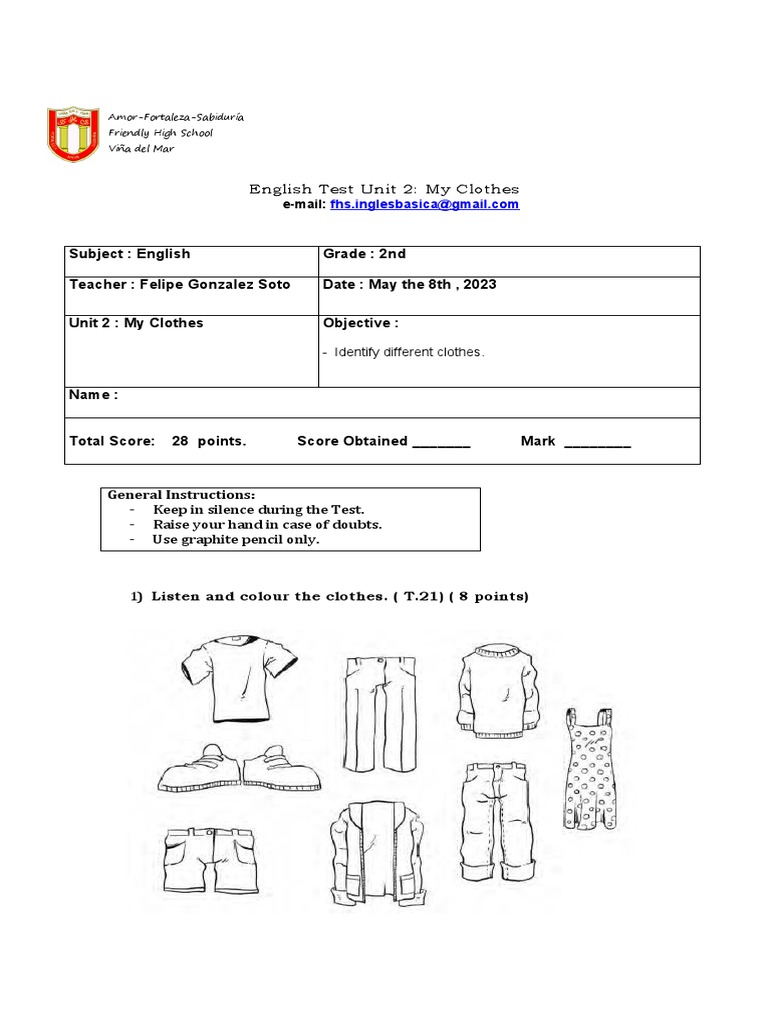 English Test Unit 2 - My Clothes 2nd Grade | PDF