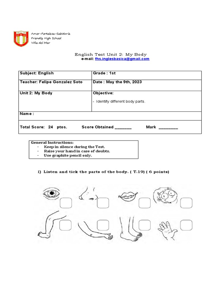 English Test Unit 2 - My Body 1st Grade | PDF