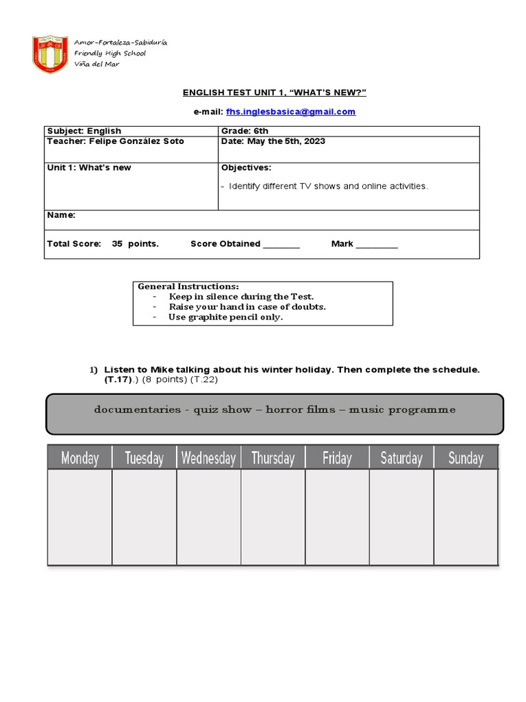 English Test Unit 1 - What's New (Part 2) 6th Grade Checked | PDF