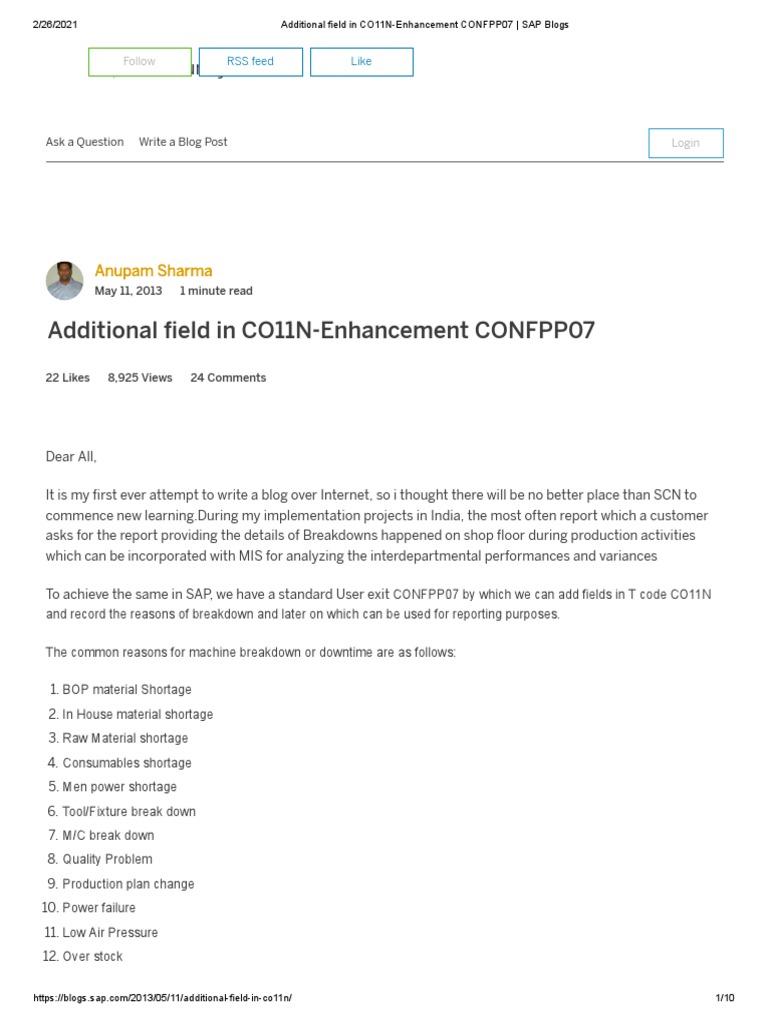 Additional Field in CO11N-Enhancement CONFPP07 - SAP Blogs | PDF ...