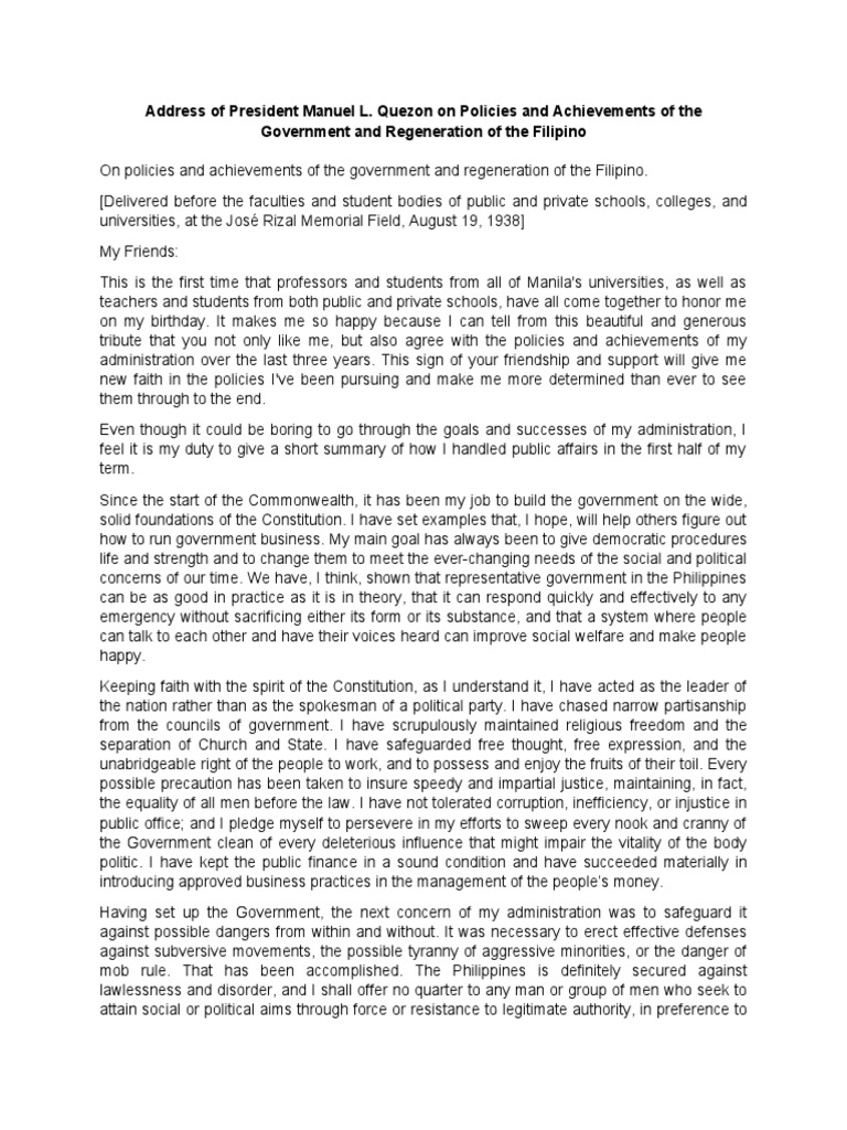 Quezon's Vision for Philippine Commonwealth | PDF | Social Science