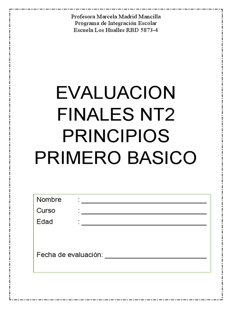 Evaluacion Finales NT2 Principios Primero Basico | PDF