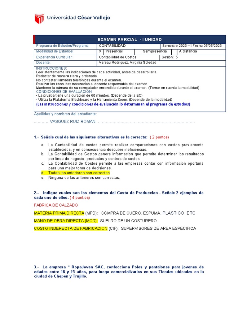 Examen Contabilidad de Costos 2023 | PDF | Negocios