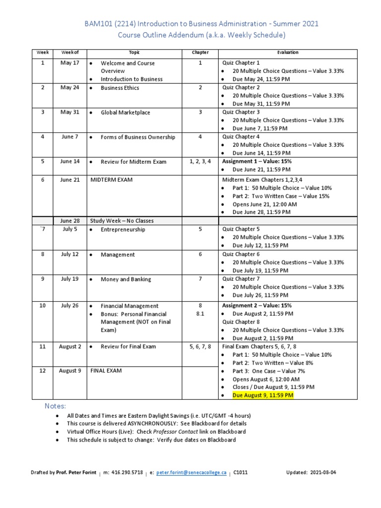 BAM101 (2214) Course Outline Addendum A.K.A. Weekly Schedule (Prof. Peter Forint) | PDF