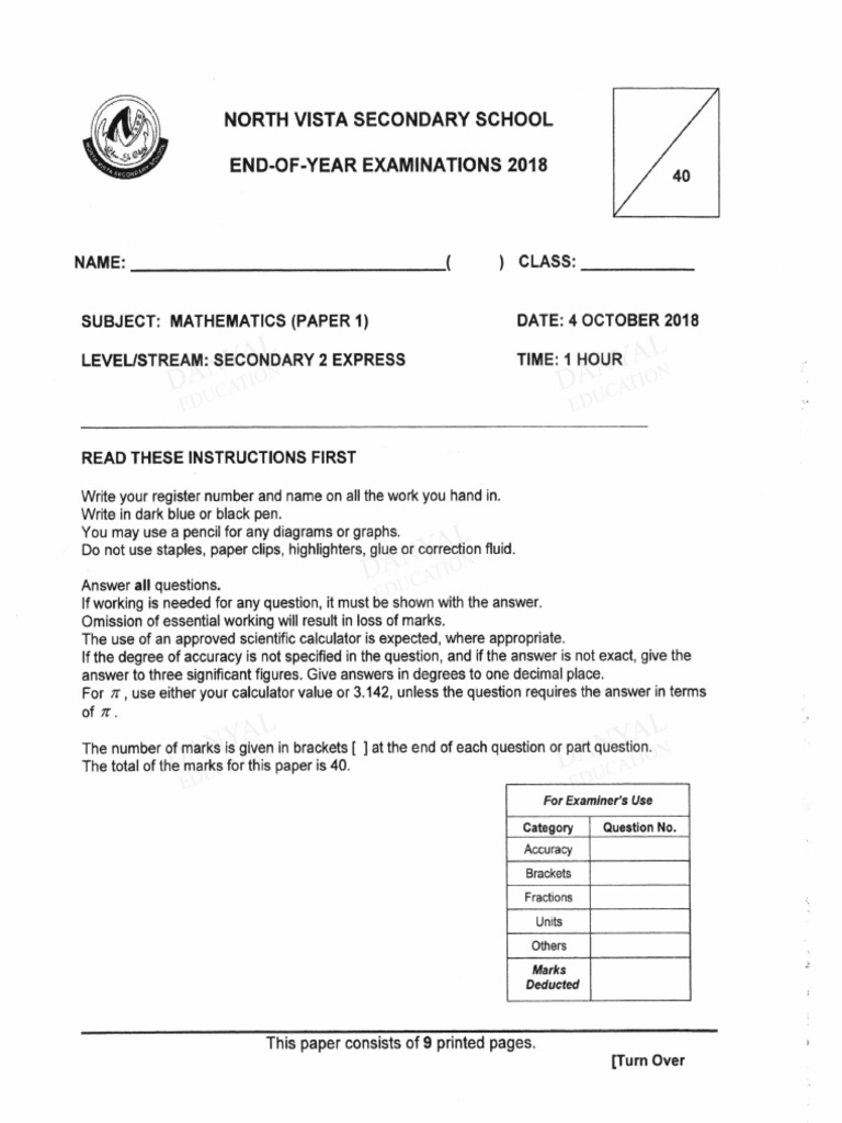 Sec 2 Express Math Exam Paper 2018 | PDF | Area | Significant Figures
