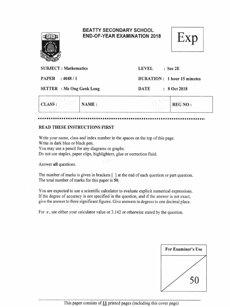 2018 Sec 2E Mathematics Exam Paper | PDF | Area | Significant Figures