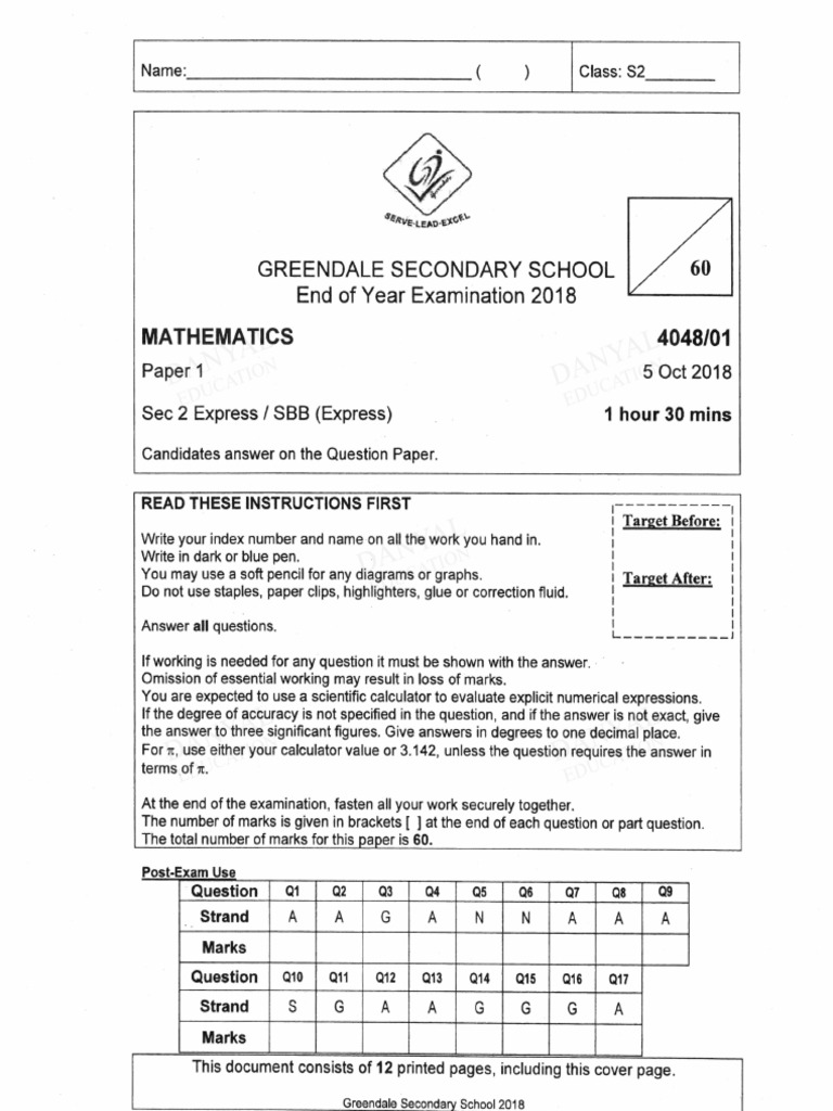 Sec 2 Math Exam 2018 | PDF | Area | Sphere