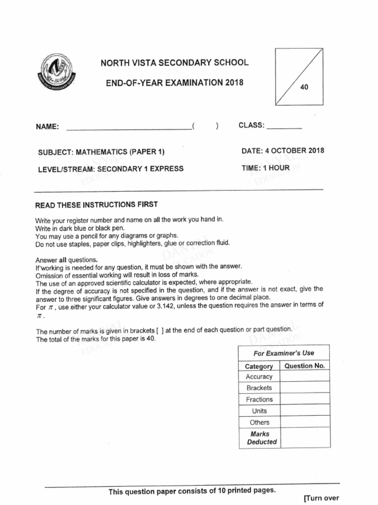 Secondary 1 Express Math Exam 2018 | PDF | Numbers | Triangle