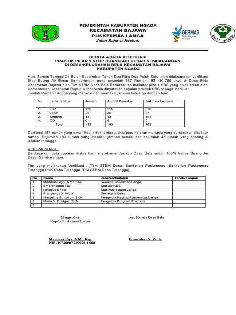 Berita Acara Verifikasi STBM TK DesaTK DS-1 | PDF