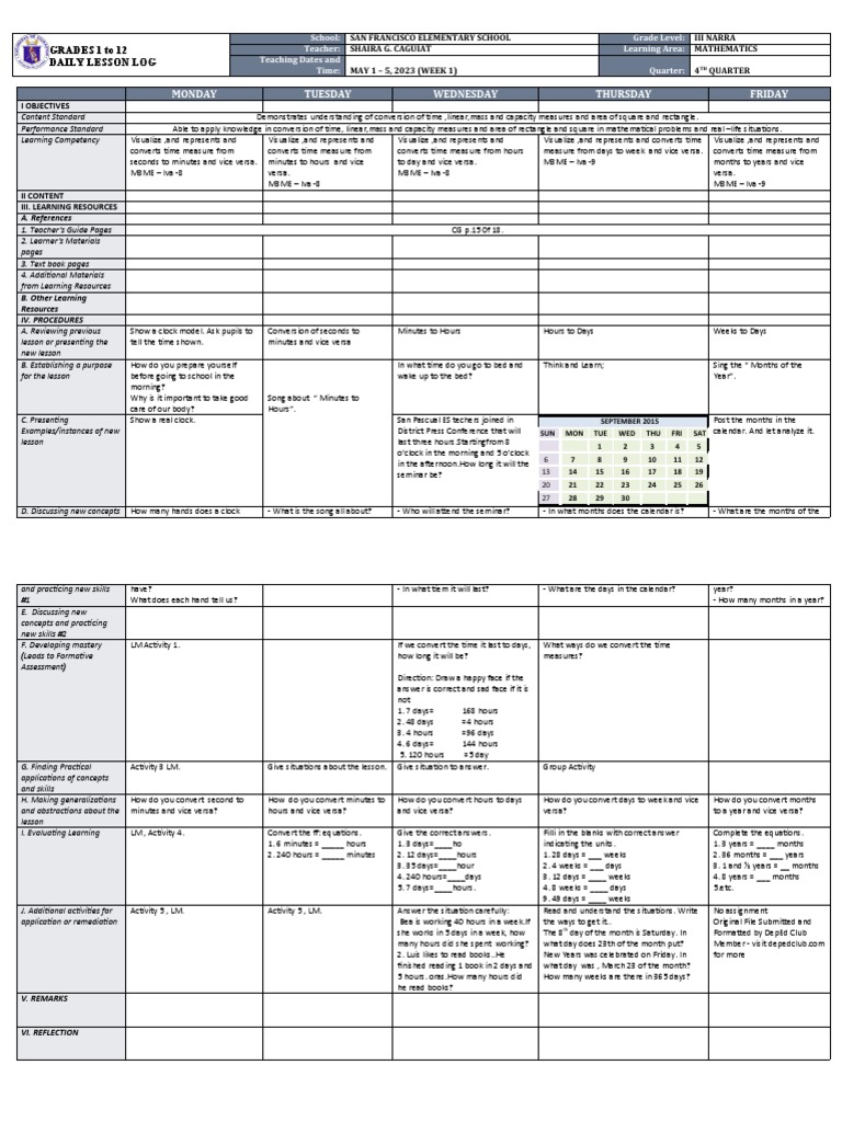 DLL - Mathematics 3 - Q4 - W1 | PDF