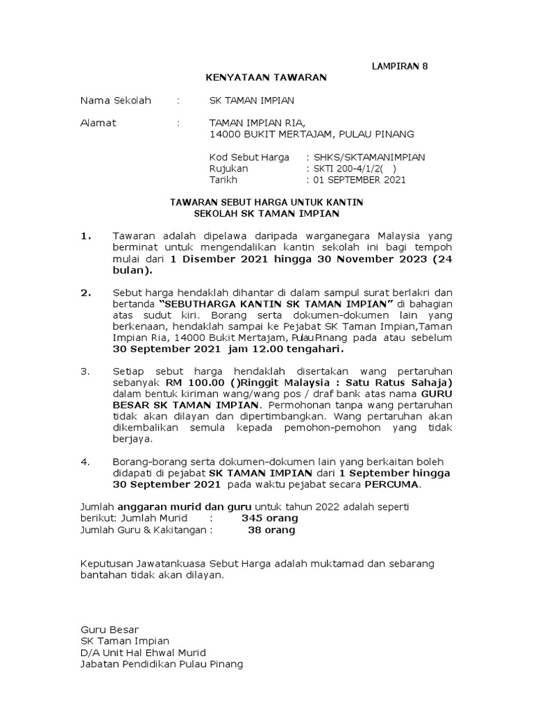 Contoh Format Sebut Harga Kantin | PDF