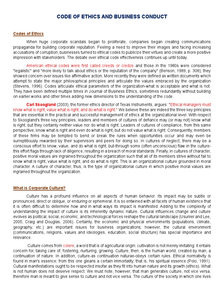 Code of Ethics and Business Conduct | PDF | Organizational Culture ...