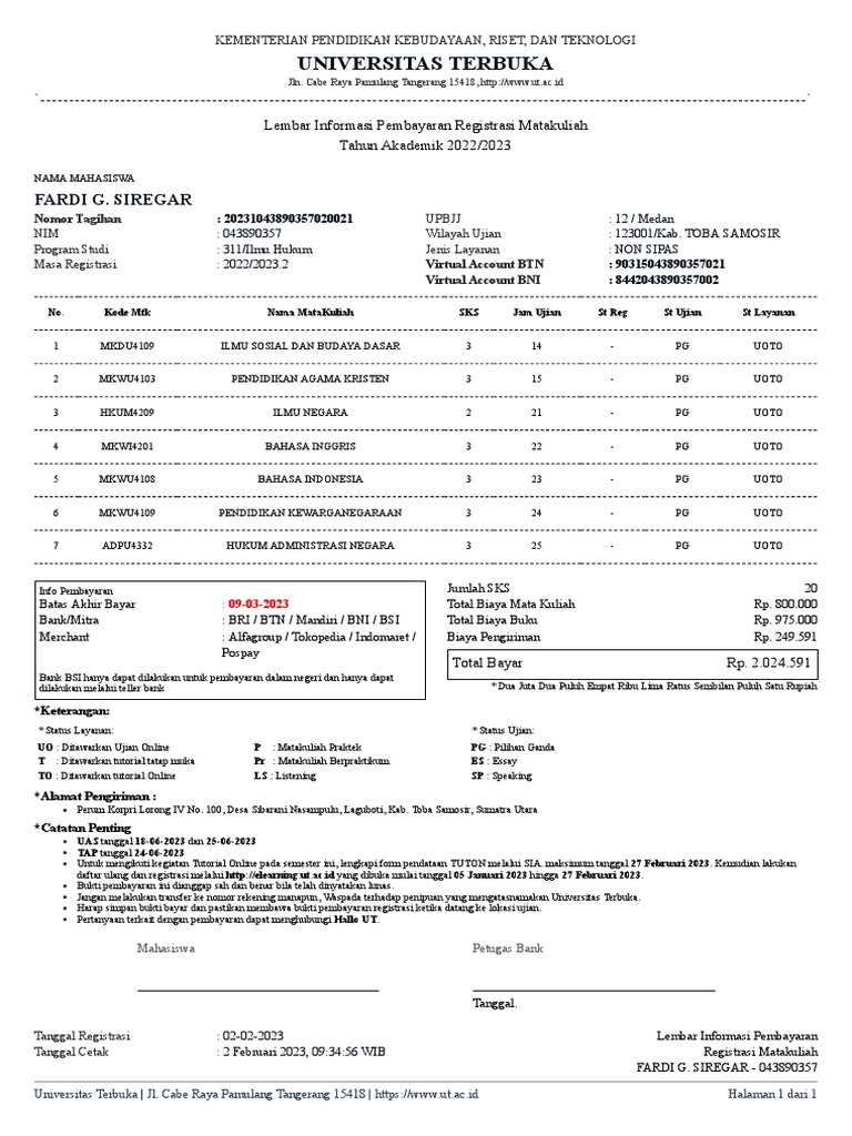 Lembar Pembayaran Registrasi UT 2022/2023 | PDF