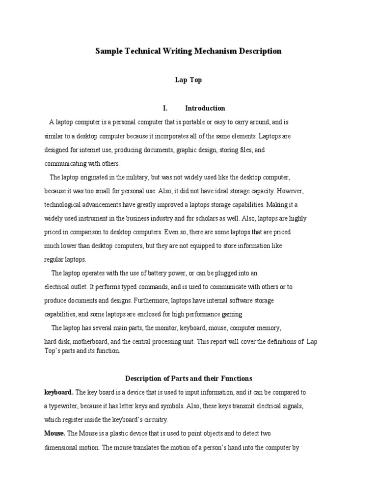 Sample Technical Writing Mechanism Description | PDF | Laptop ...
