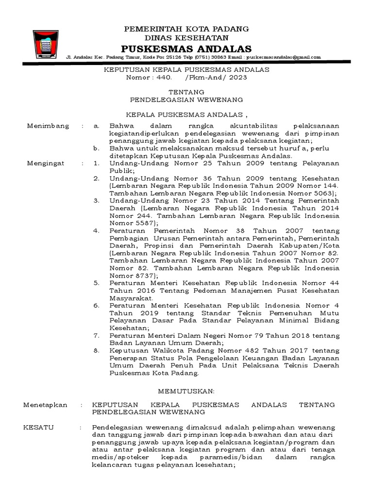 SK Pendelegasian Wewenang Puskesmas Andalas Tahun 2023 | PDF