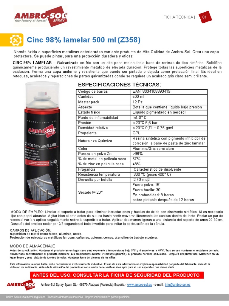 Cinc 98 Lamelar 500 ML Spray Ambro Sol Z358 | PDF | Zinc | Rieles